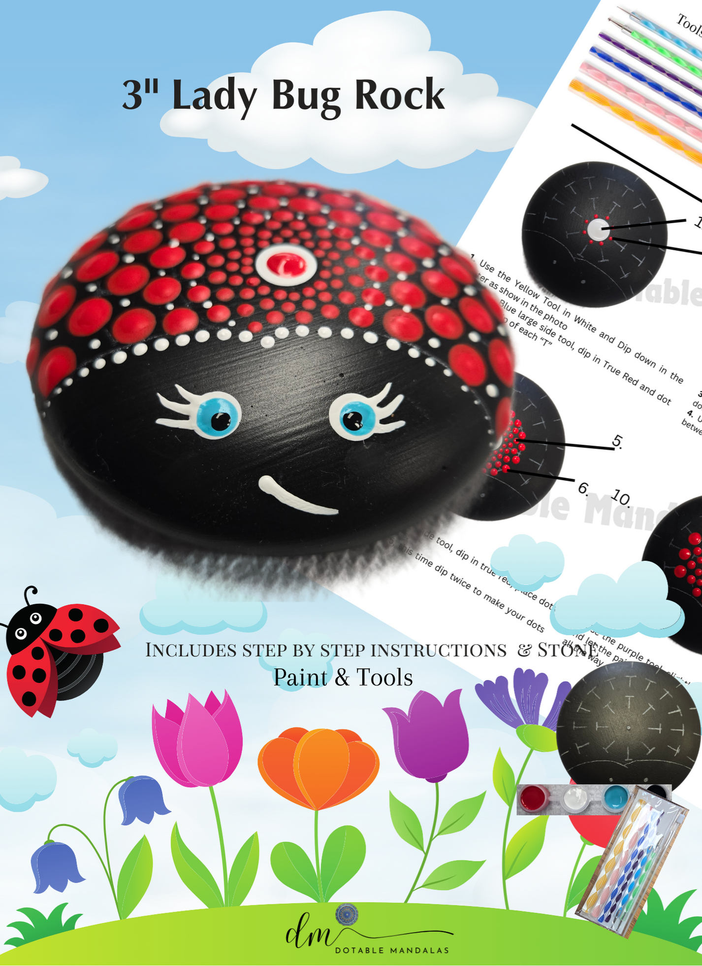 Lady Bug 3" Rock Dot-Painting Pattern Kit – Dotable Mandalas